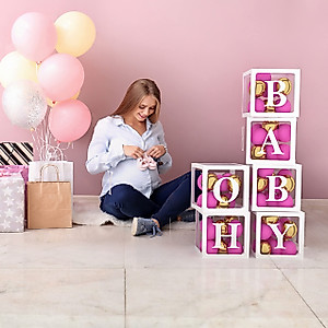 POSHBEBE Baby Shower Decorations for Girl and Boy - 6 Clear Boxes with OH and BABY Stickers - Gender Reveal Transparent Box for Balloons, Birthday, Bridal Shower And Wedding Decorations