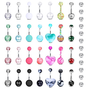 Besteel 28Pcs 14G Belly Button Rings Surgical Steel CZ Belly Rings for Women Colorful Belly Piercings Screw Navel Barbells Body Piercing Jewelry