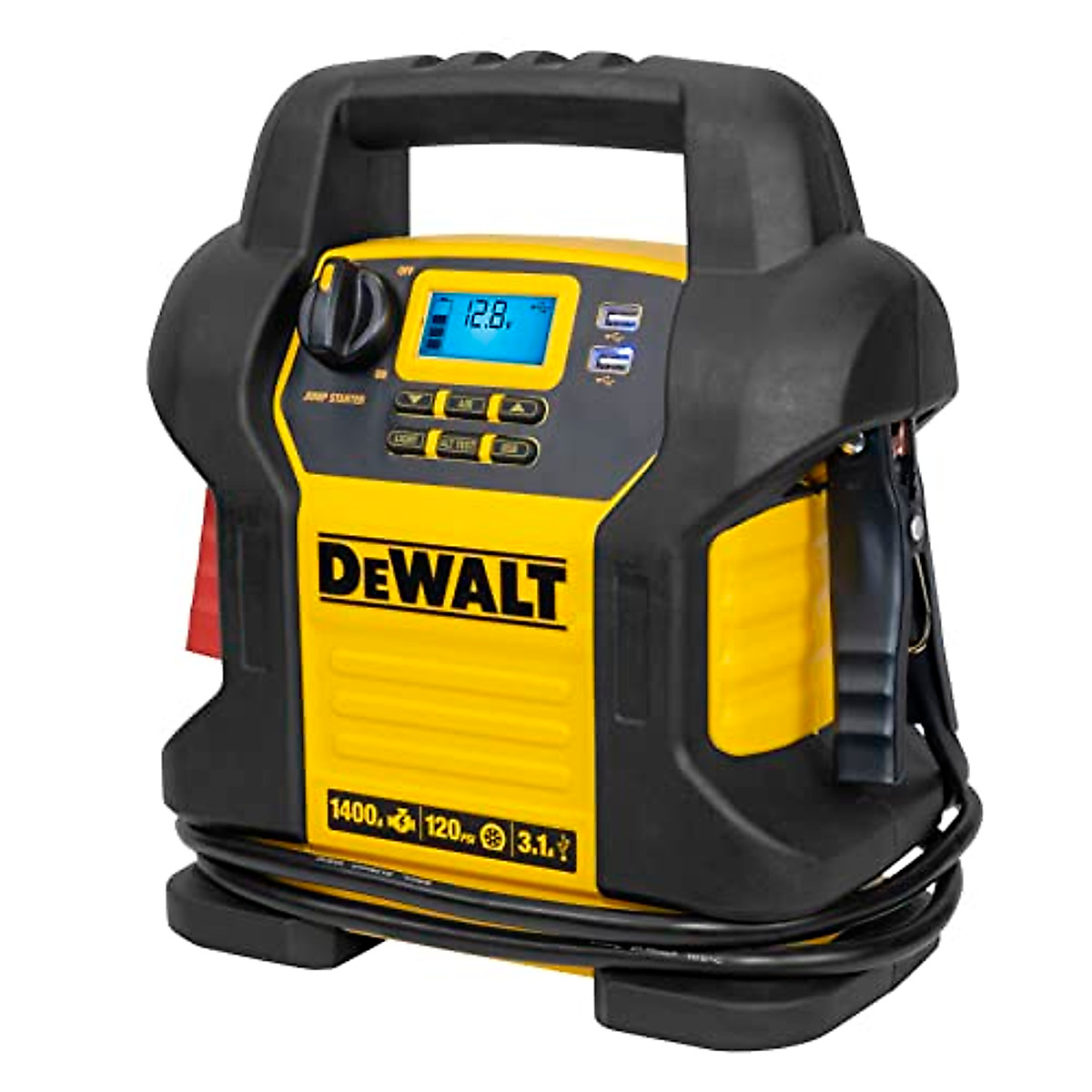 DEWALT DXAEJ14 Digital Portable Power Station Jump Starter: 1400 Peak/700 Instant Amps, 120 PSI Digital Air Compressor, 3.1A USB Ports, Battery Clamps , Yellow