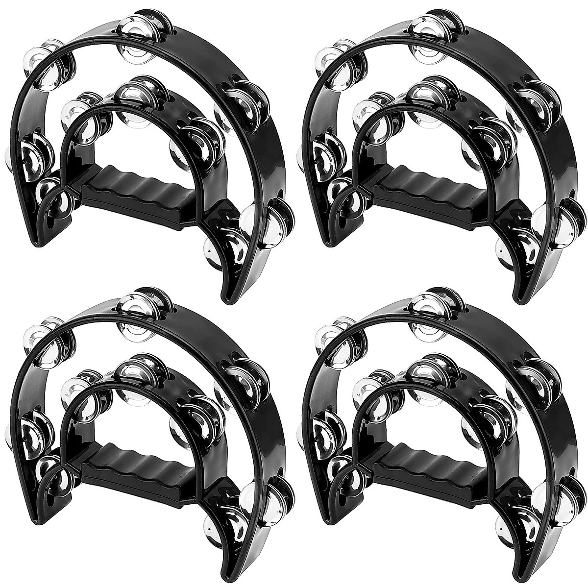 JOIKIT 4 Pack 9 Inch Double Row Tambourine, Half Moon Musical Tambourine, Metal Jingles Hand Held Percussion for Adults, Church, Party, KTV, Bar, Gift, Black