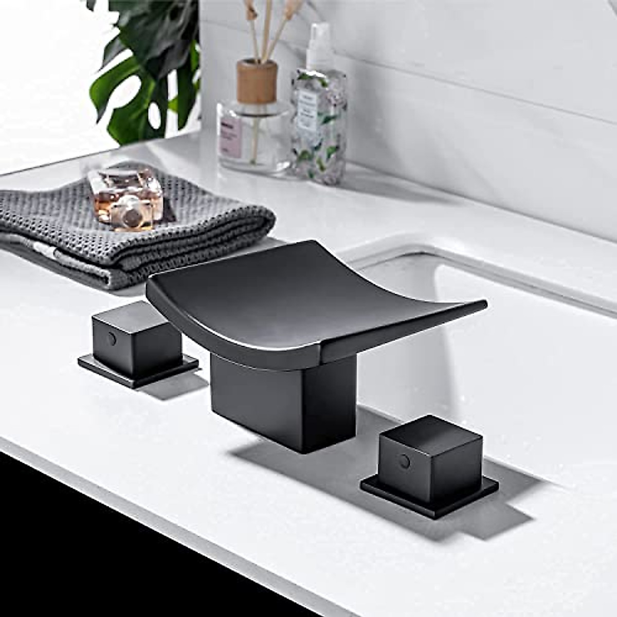 BANGPU Waterfall Bathroom Faucets, Modern Bathroom Sink Faucet 3 Holes Widespread Dual Handle Brass Basin Faucet Mixer Taps with Supply Hoses, Matte Black Vanity Sink Faucet