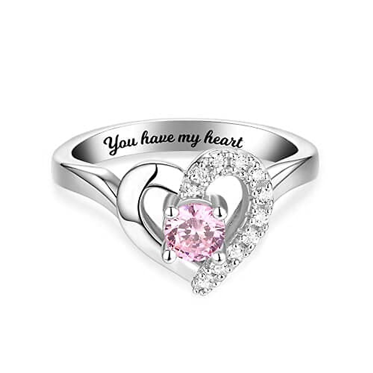 Shusukue Sterling Silver Birthstone Heart Ring Personalized Birthstone Ring Engraved Birthday Jewelry Gifts for Women