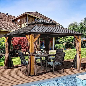 12'x12' Hardtop Gazebo, Outdoor Cedar Wood Frame Canopy with Galvanized Steel Double Roof, Outdoor Permanent Metal Pavilion with Curtains and Netting for Patio, Backyard and Lawn(Brown)