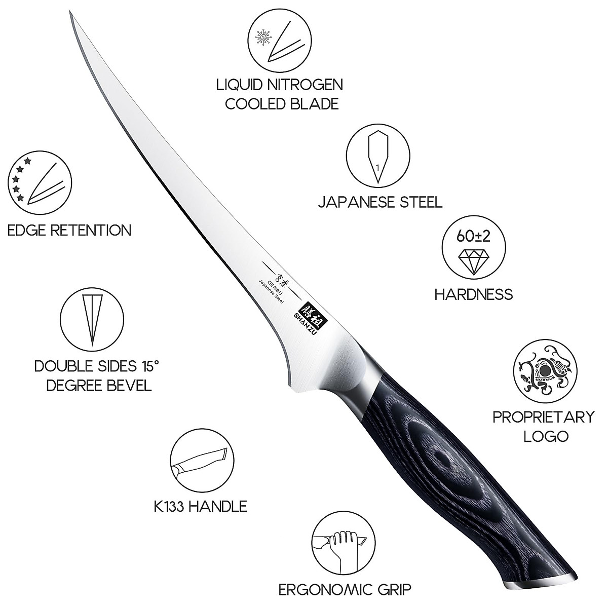 SHAN ZU 7 Inch Fillet Knife, Japanese Super Steel Boning Knife, Professional Ultra Sharp Fish knife with K133 Ergonomic Handle, Black Tortoise Genbu Series