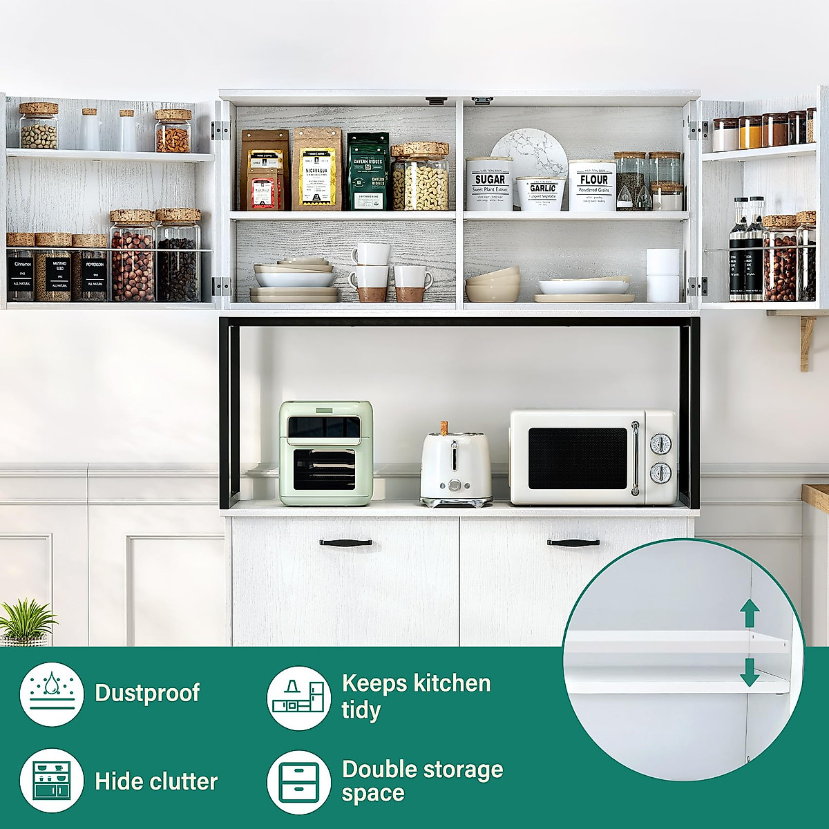 TC-HOMENY Double Trash Can Cabinet, Tilt Out Trash Cabinet with Storage Adjustable Shelf, Pet Proof Recycle Trash Cabinet Kitchen, 14 Gallon Tilt Out Trash Cabinet White