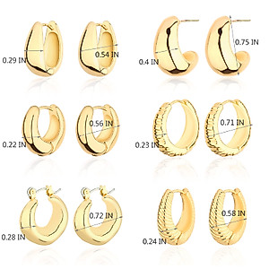 Wgoud Chunky Huggie Earring 14K Gold Hoop Earrings for Men Women Hypoallergenic, Thick Twist Earring (6 Prs Chunky Gold)