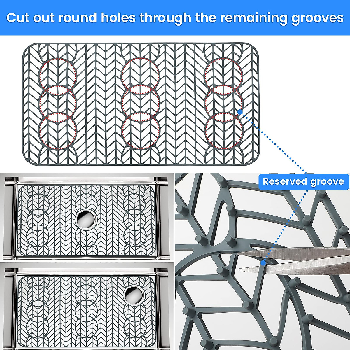 SPOLLSES 28.2"x15" Sink Protectors for Kitchen Sink,Silicone Sink Mat Fit Any Drain Sink Grid Accessory, Kitchen Sink Mats for Bottom of Farmhouse Stainless Steel/Porcelain Sink-With 9 Reserved Holes