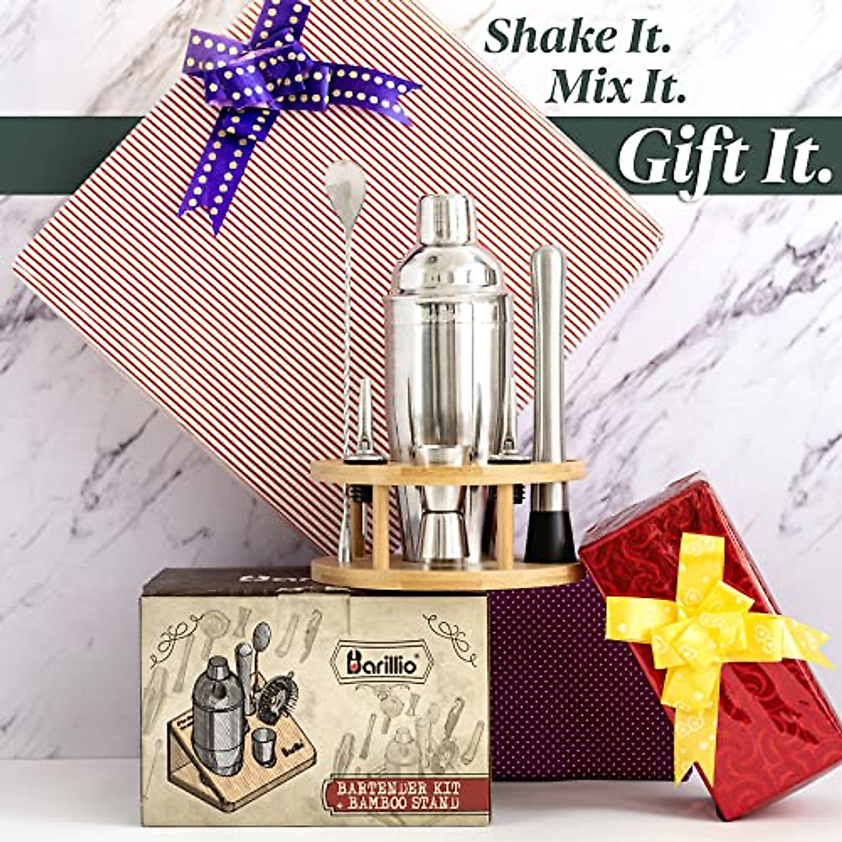 Mixology Bartender Kit Cocktail Shaker Set by Barillio: Drink Mixer Set with Bar Tools, Bamboo Stand Cocktail Mixer Mixing Spoon Mojito Muddler Jigger Liquor Pourers Recipes Booklet