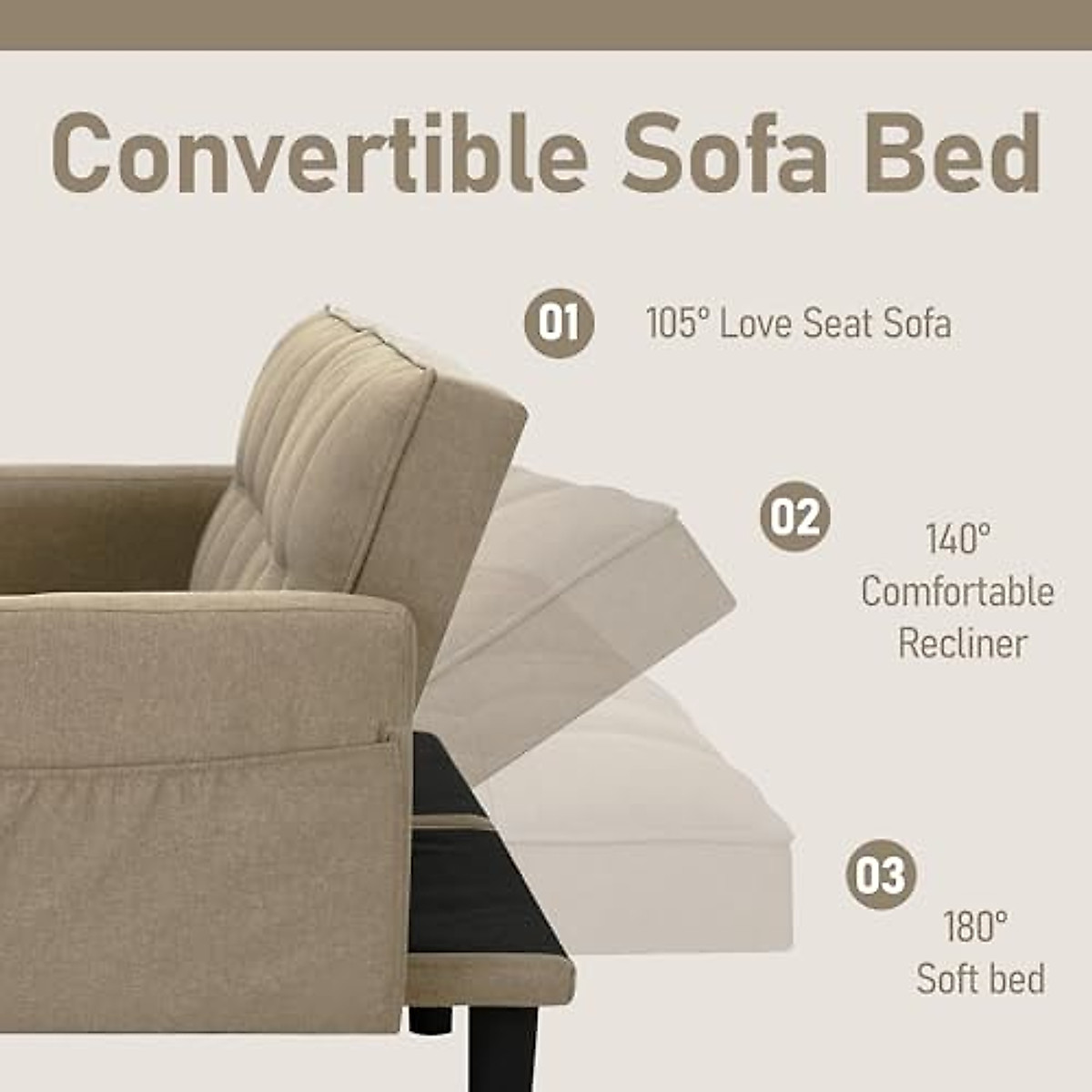 AVAWING Futon Sofa Bed, Modern Linen Fabric Convertible Upholstered Couch with Adjustable Back, Arms and High Strength Nylon Legs for Living Room, Apartment, Office (Khaki)