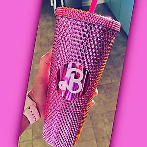 CAKEASY Pink Studded Tumbler, Bling Bling Pink Cup, 24oz Girls Water Bottle With Straw, The Movie Merch, Travel Mug for Women and Men, Cupholder Friendly, for Home, Office, Outdoor