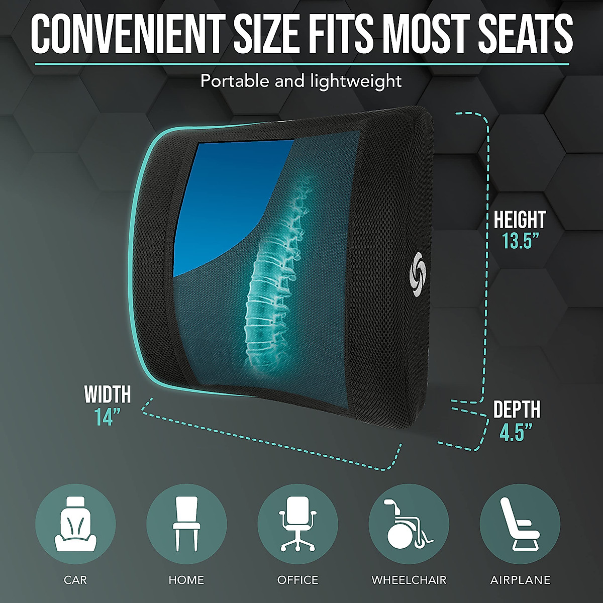 SAMSONITE, cooling gel, lumbar support pillow for office chair or car seat - boost your lower back comfort zone, high grade - memory foam, universal chair cushion, breathable mesh, washable cover