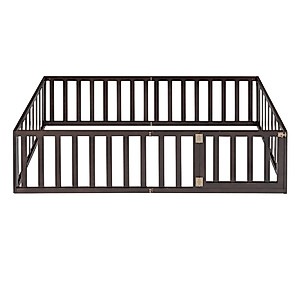 LZ LEISURE ZONE Twin Size Platform Bed with Fence, Solid Wood Floor Bed Frame with Door, Twin Size Daybed Fram, Espresso