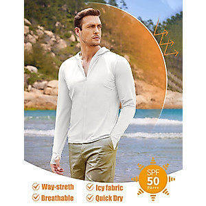COOFANDY Mens UPF 50+ Cooling Hooded Jacket Long Sleeve Zip Up Shirts Fishing Shirts with Pockets White