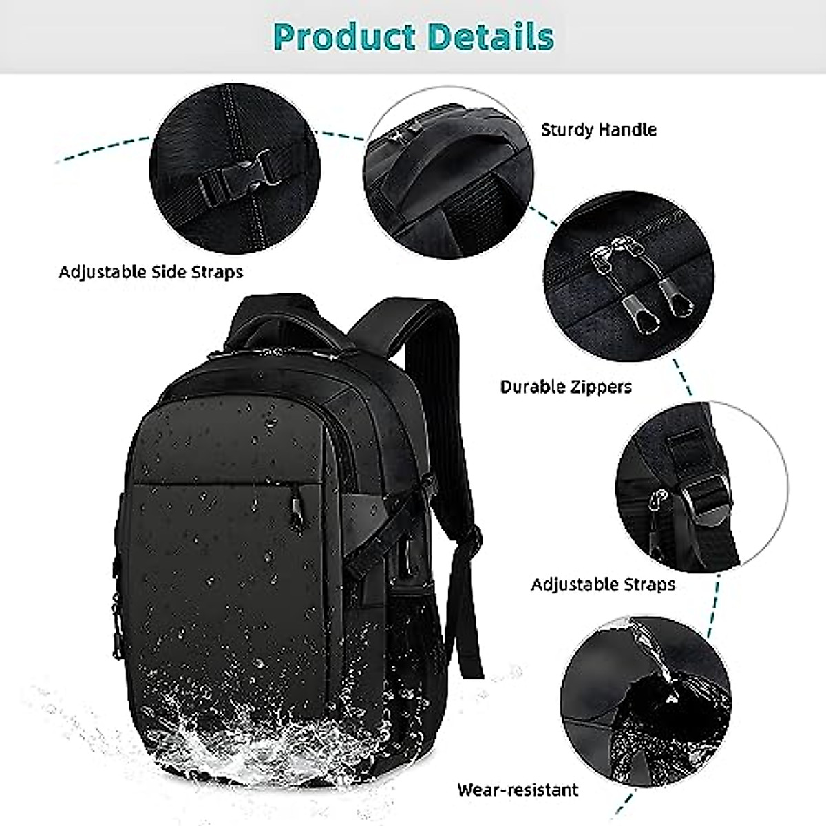 Laptop Backpack for Business Travel and College Study with Integrated USB Charging Port, Fits Laptops up to 15.6 Inch, Black, Anti-Theft, Great for Hiking, Waterproof, Scratch Resistant, Reinforced