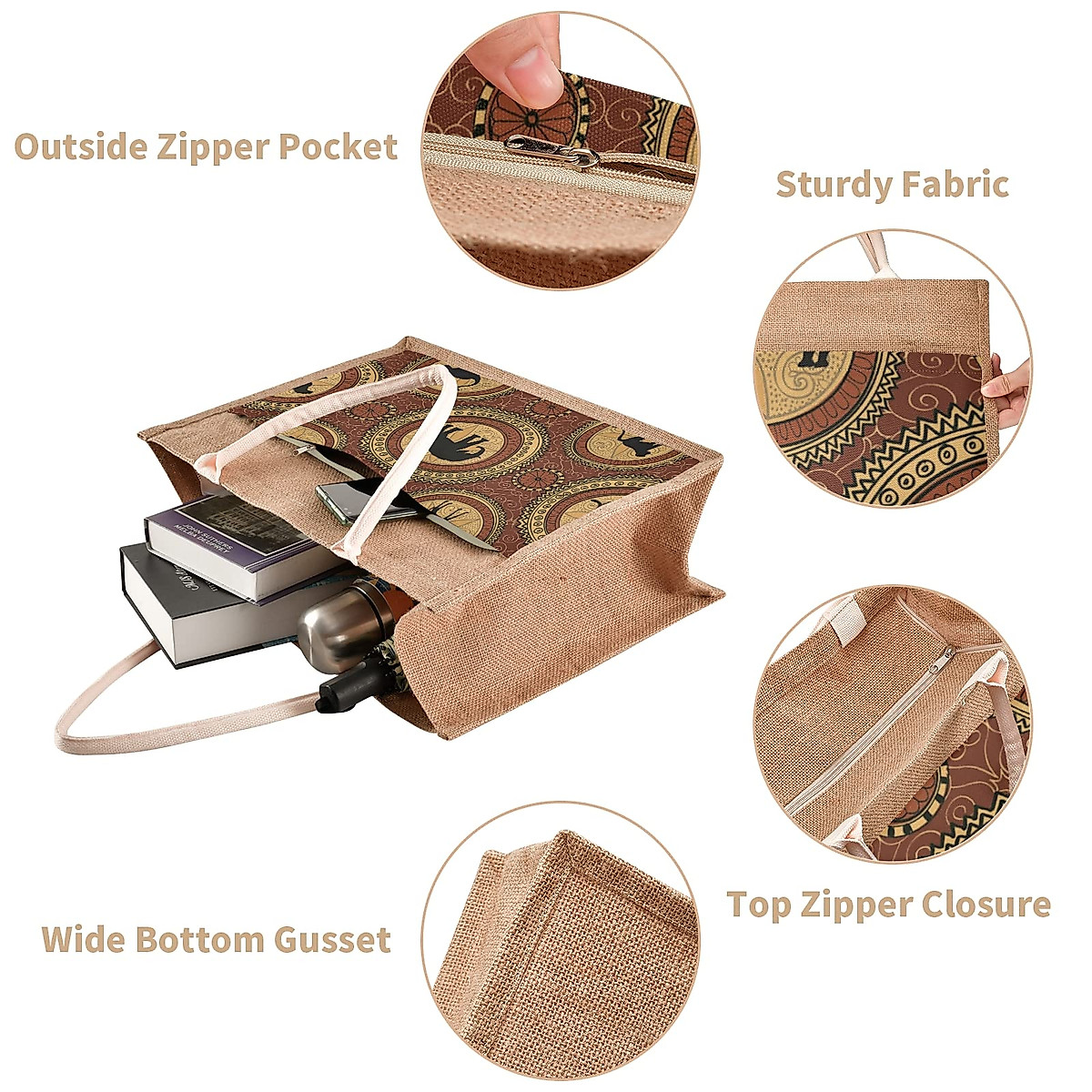 Sinestour African Ethnic Jute Tote Bag Jute Gift Bags with Handle Burlap Tote Bag with Canvas Pocket Beach Tote Bag