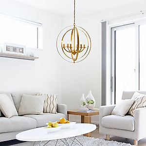 Hanging Lamp , Chandeliers,Gold Pendant Lights for Kitchen Island, Modern 6 Lights Globe Pendant Light Fixtures, Adjustable Orbits Ring Hanging Light, Farmhouse Ceiling Lights for Dining Room Bedroom