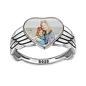 SILVERCUTE Angel Wings Ring with Picture Sterling Silver Feather Heart Engagement Ring Custom Photo Keepsake Jewelry for Women, Size 5 to 11