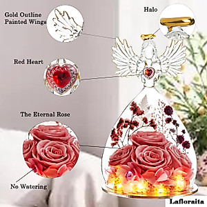 Lafloraita Mothers Day Preserved Rose Gifts for Women Mom Grandma Wife,Glass Angel Figurines with LED Light,Four Real Rose Flowers Sweet Pink