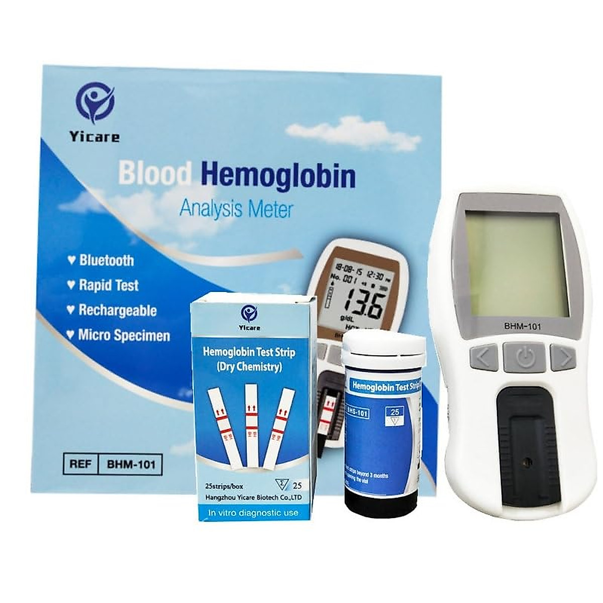 Healthcaretuye Hemoglobin Meter Hemoglobin Test Meter Hemoglobin Test Kit Analyzer + 75pcs Strips, Blue