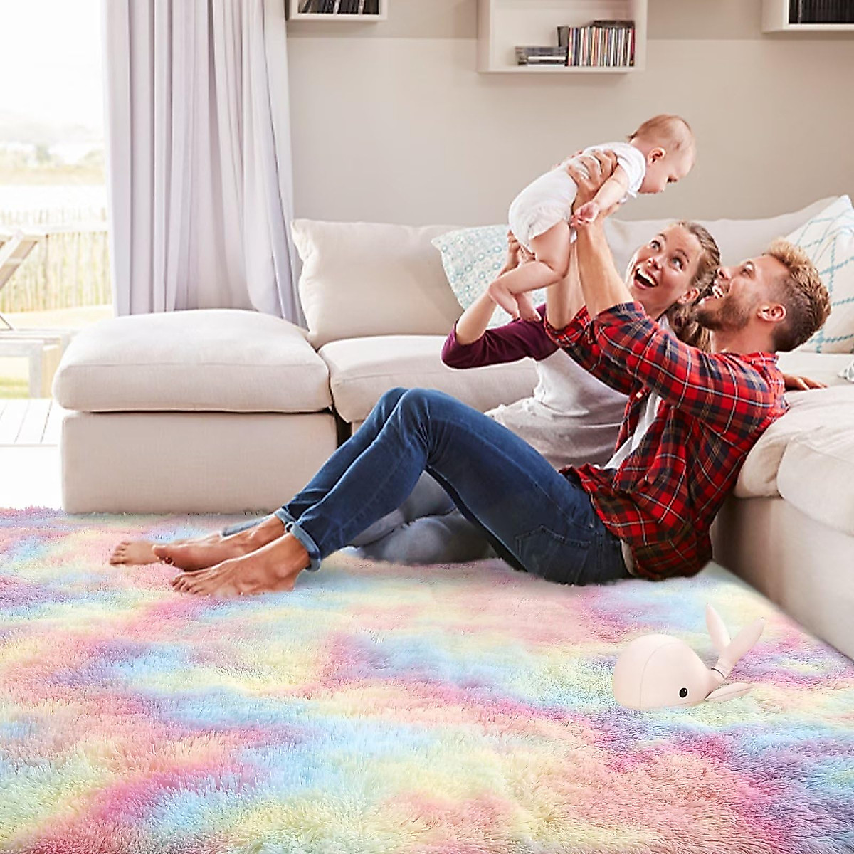 COZYLOOM Area Rug 9x12 Soft Fluffy Rainbow Kids Rug Luxury Fuzzy Shag Rug for Girls Room Bedroom Modern Indoor Plush Thick Non-Slip Shaggy Rug for Living Room Nursery Cute Carpet Tie-Dyed Yellow Pink