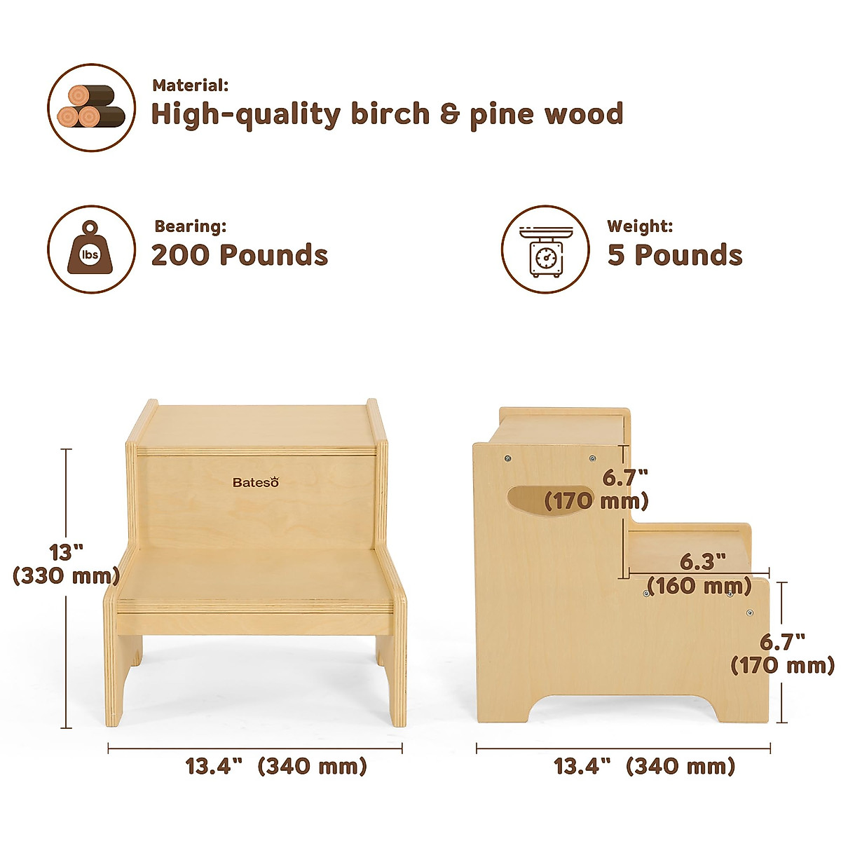 Bateso Step Stools for Kids, Wooden Toddler Step Stool for Bathroom Sink with Safety Anti-Slip Mat and Strip, Assembly Easily, Sturdy Kid Step Stool for Brushing Teeth, Kitchen, Toilet Potty Training