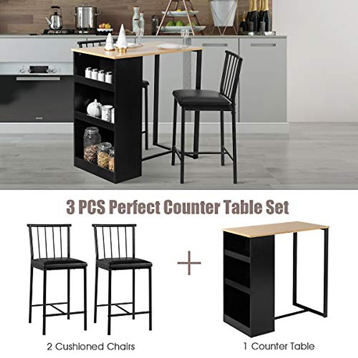 Giantex 3 Piece Pub Dining Set, Wooden Counter Height Table Set with 2 Bar Stools, Industrial Bar Table Set w/Storage, Sturdy Kitchen Table for Kitchen, Restaurant, Living Room (Natural)