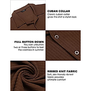 COOFANDY Men Camp Collar Shirts Short Sleeve Button Up Shirts Knit Textured Shirts Slim Polo Shirts Brown