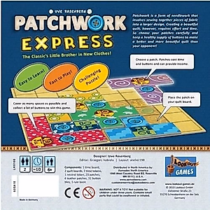 Patchwork Express Board Game - Fast-Paced Two-Player Quilting Strategy Game! Interactive Puzzle Game for Kids & Adults, Ages 6+, 2 Players, 20 Minute Playtime, Made by Lookout Games