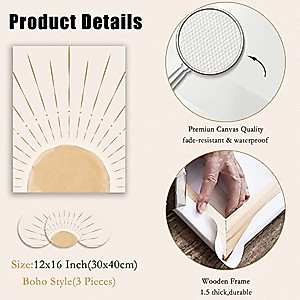 Boho Wall Art Set of 3, Framed Canvas Wall Art Yellow Sun Rising on the Horizon Geometric Nature Illustrations Line Art Wall, Mid-Century Modern Prints Boho Sun Wall Decor for Living Room, Bedroom, Bathroom, Office, 12"x16" Natural