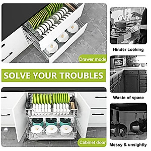 2 Tier Pull Out Cabinet Drawer Organizer Heavy Duty Pull Out Spice Rack 304 Stainless Steel Deepen 47cm Kitchen Slide Out Storage Shelf for Cans, Bakeware for Pantry, Cupboard, Bathroom Cabinet (59W*