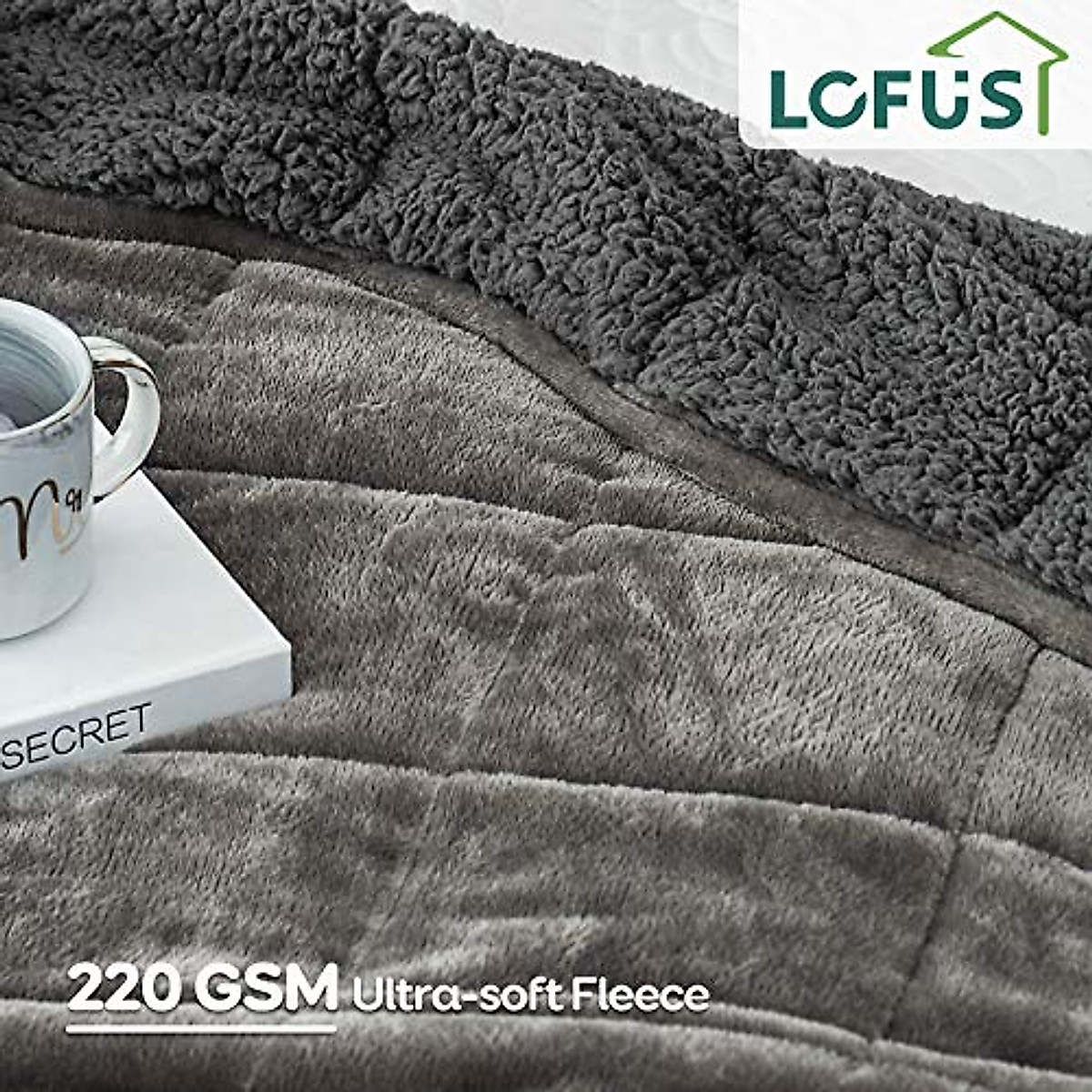 Lofus Sherpa Fleece Weighted Blanket 20 lbs Heavy Blanket with Soft Plush Flannel Reversible Full-Size Super Soft Extra Warm Cozy Fluffy Blanket 60 x 80 inches for Adult Bed Couch, Grey