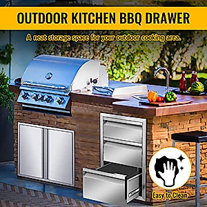 KODOM Outdoor Kitchen Drawers Stainless Steel Flush Mount BBQ Triple Drawers for Outdoor Kitchen Island, or Patio Grill Station (Overall Size:14" W x 21" H x 23" D inch)
