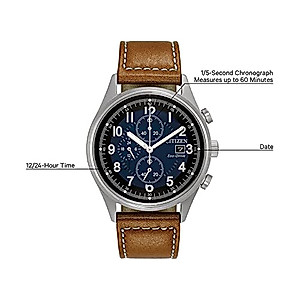 Citizen Men's Eco-Drive Weekender Garrison Chronograph Field Watch in Stainless Steel with Brown Leather strap, Blue Dial (Model: CA0621-05L)