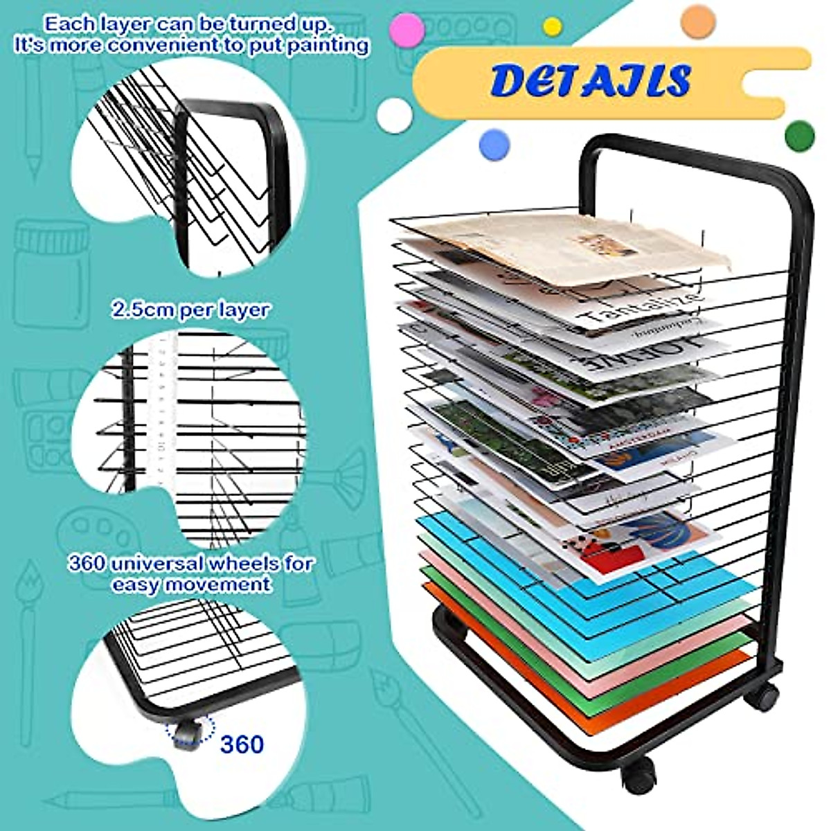 Wire Art Drying Rack Flexible Shelves Mobile Cart for Painting Craft Artwork Canvas Storage, Stackable Metal Stainless Steel Art Rack Power Coated for Classroom, Art Club(20 Shelves)