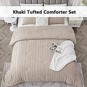 Andency Khaki Comforter Set Queen Size, 3 Pieces Tufted Boho Comforter Set for Queen Bed, Lightweight Fluffy Bedding Set for All Seasons (90x90 Comforter & 2 Pillowcases)