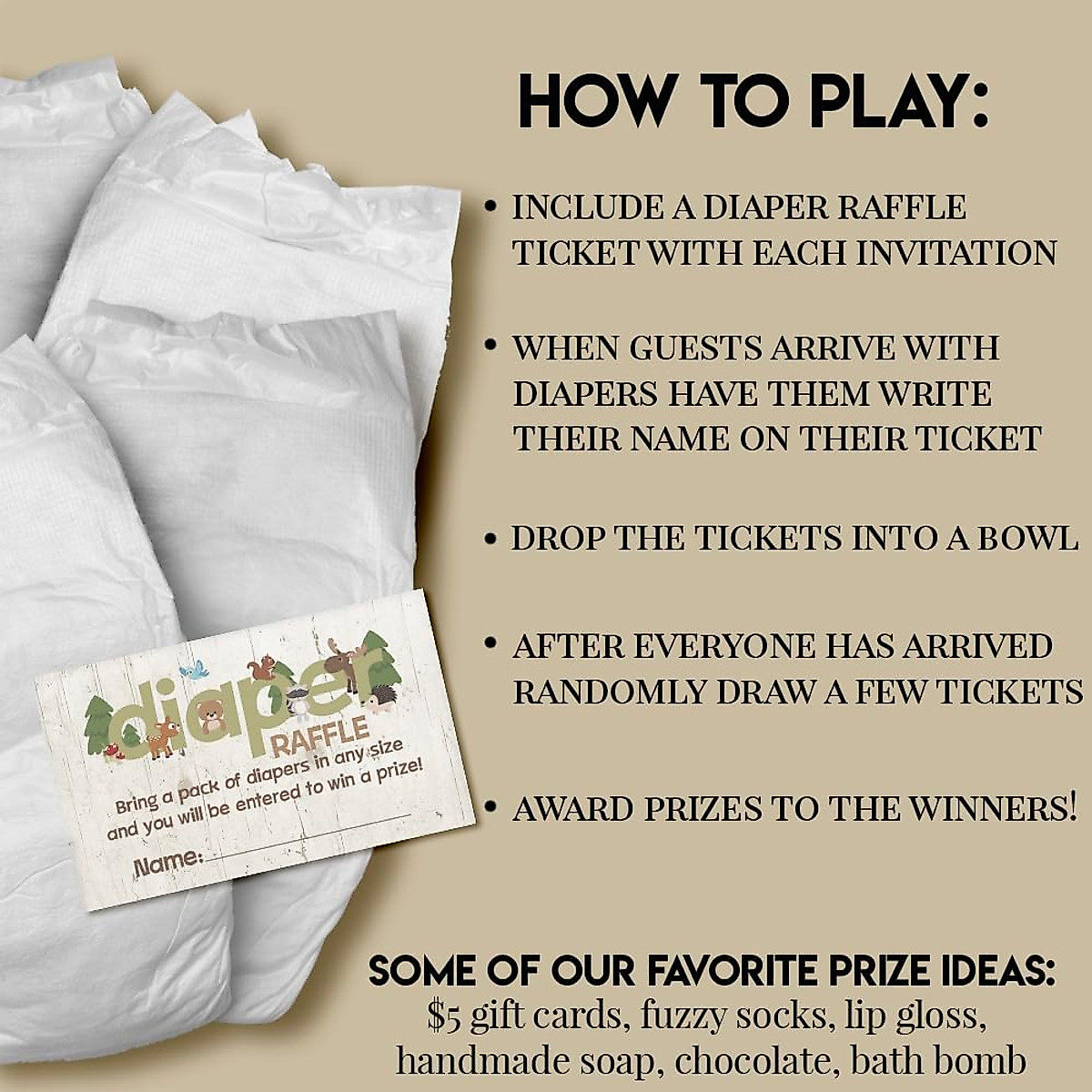 Woodland Forest Animals Diaper Raffle Tickets for Baby Showers, 20 2" X 3” Double Sided Insert Game Cards, Bring a Pack of Diapers to Win Favors & Prizes!