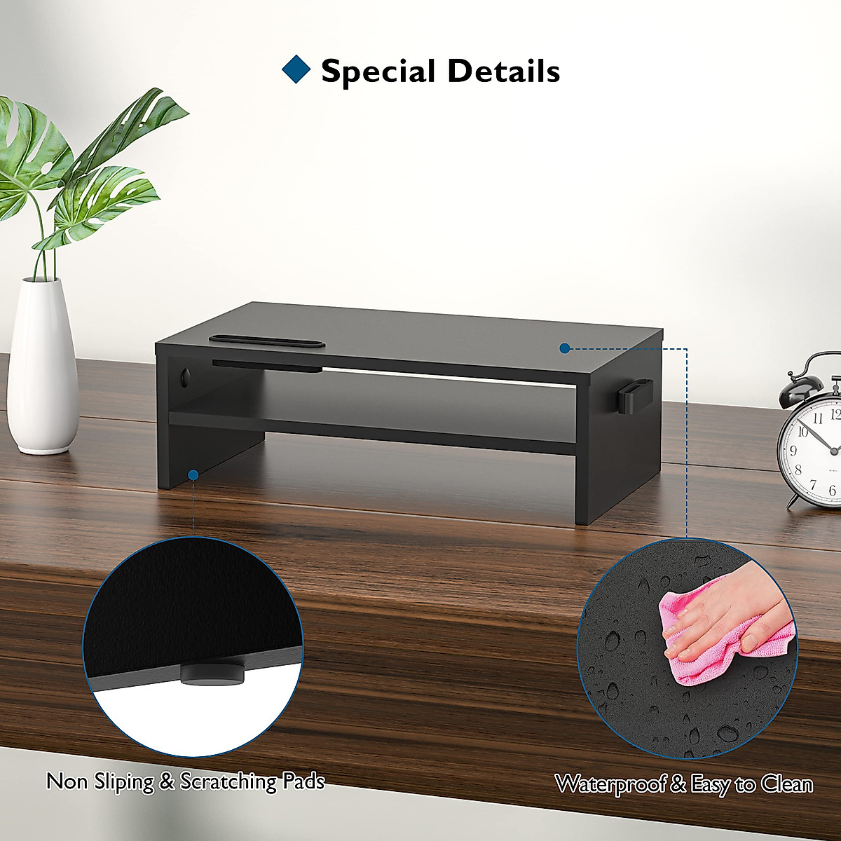 Monitor Stand Riser, 2 Tiers Wood Monitor Riser Stand with Storage Organizer, Desktop Ergonomic Monitor Stand Riser with Cellphone Holder and Cable Management, 16.5 Inch Shelf Black