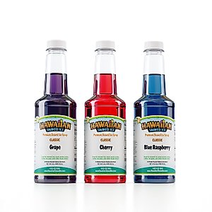 Hawaiian Shaved Ice Syrup Assortment, 3 - 16oz Bottles Of The Most Popular Flavors: Cherry, Grape, Blue Raspberry. Perfect For Shaved ice, Snow Cones, Sodas, Ice Pops, and Slushies. Allergy-friendly