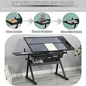 Gynsseh Glass Drafting Table Drawing Table with Stool and Storage, Height Adjustable Art Table for Adults/Artists, Tiltable Tabletop Art Desk Painting Table for Reading Writing Drawing