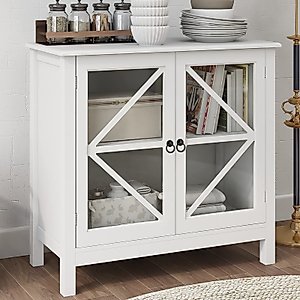 RASOO Sideboard Cabinet with Glass Doors - Buffet Storage for Home, Kitchen, Dining Room - Cupboard Console Table, Espresso (White)