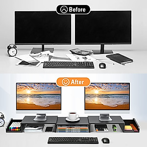 ELIVED Dual Monitor Stand Riser with Two Swivel Drawers, Monitor Stand with Adjustable Length and Angle, Monitor Riser for Desk, Desktop Organizer Stand for Computer, Laptop, Screen, Printer(Black)