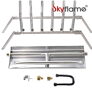 Skyflame 18-inch Fireplace Log Grate with Dual Burner Pan and Connection Kit for Natural Gas, 304 Stainless Steel