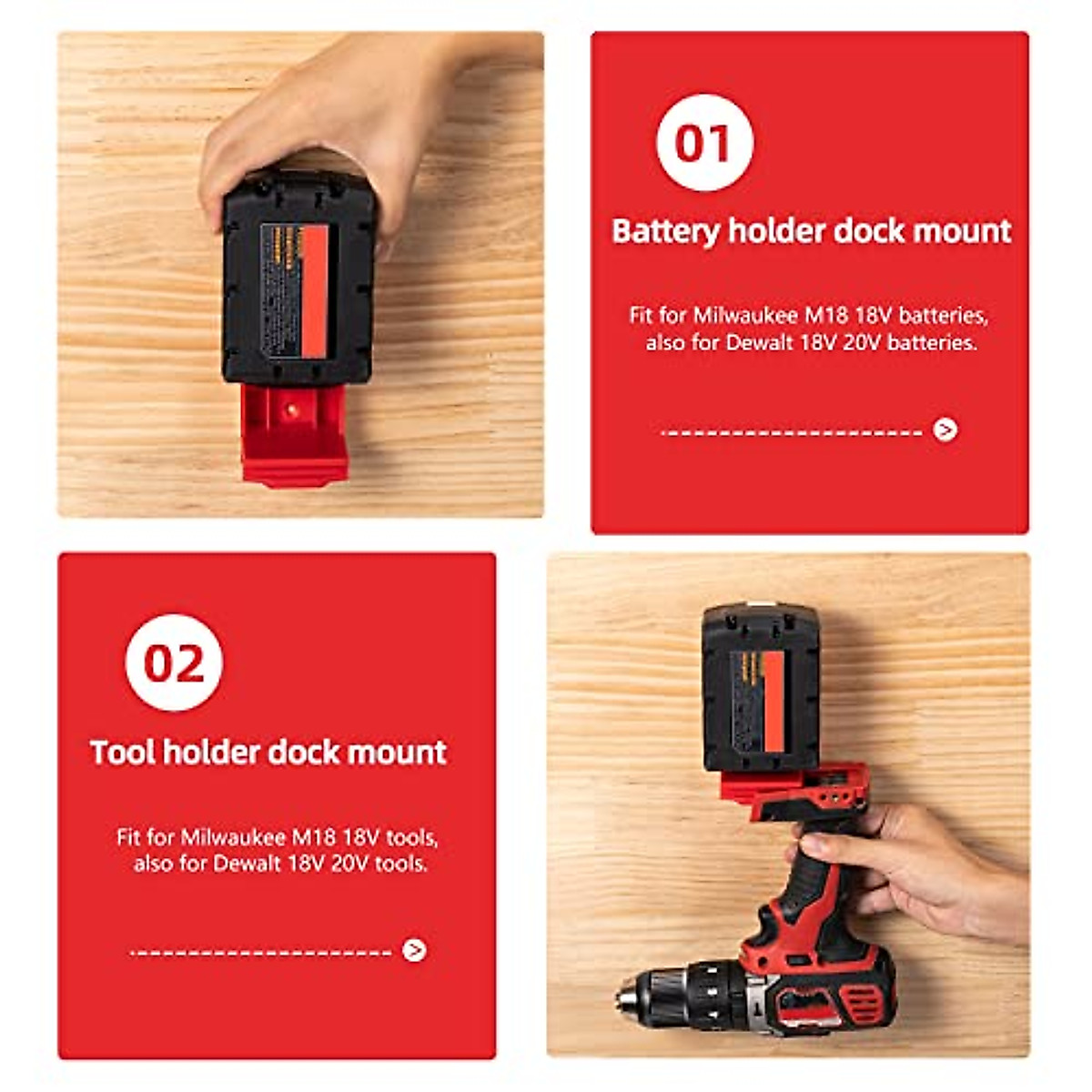 5 Pack Tool Mount for Milwaukee 18V Drill; Battery Holder for Milwaukee M18 Battery MOUNT/Hanger/Dock Holder Fit for 48-11-1820 48-11-1850 48-11-1860 Battery, also for Dewalt 18V Battery and 20V Tool
