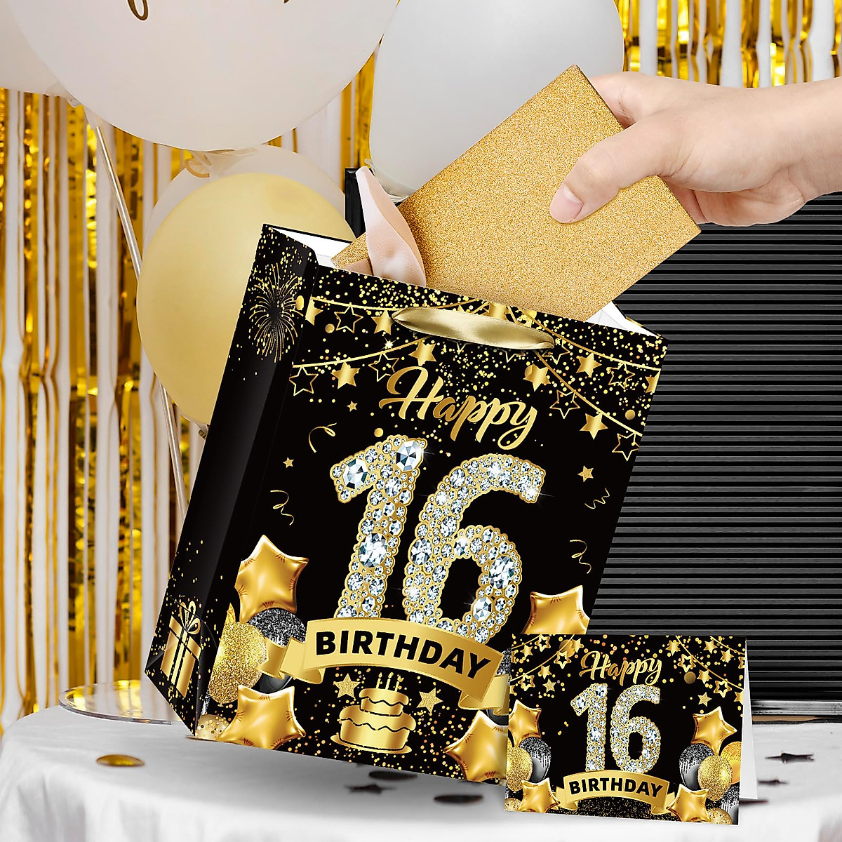 Black Gold 16th Birthday Gift Bag, Gold 16th Birthday Gift Wrap Bag with Tissue Paper and Card Gold Black 16th Birthday Gift Bags Candy Wrapping Bags for Men Women Christmas 16th Birthday Supplies