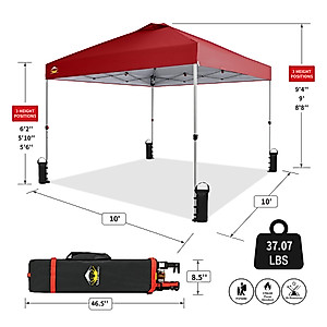 CROWN SHADES Canopy Tent 10x10 Pop Up Canopy Outdoor Shade, Easy Up Sun Shelter with One Person Set Up Center Lock, Portable Instant Tailgate Camping Beach Canopy Tents for Parties, Red