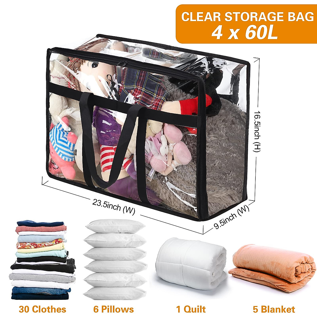 Fixwal 4 Pack Clear Clothes Storage Bags Organizer, 60L Moving Storage Totes with Sturdy Zipper, Bedding Storage Containers with Reinforced Handles for Blankets Comforter Space Saver(Black)