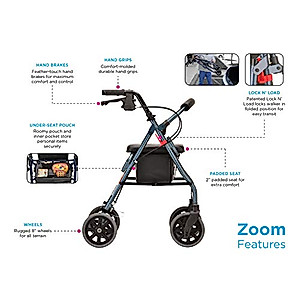 NOVA Zoom Rollator Walker with 22” Seat Height, Rolling Walker with Locking Hand Brakes, Padded Seat and 8” Wheels, Color Red