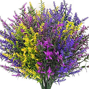 Heylife 18 Bundles Artificial Lavender Flowers Outdoor UV Resistant Fake Plastic Flowers Faux Plastic Shrubs for Indoor Outdoor Window Home Garden Decoration