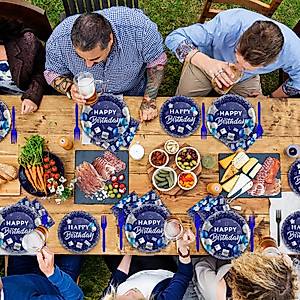 Wiooffen Blue Birthday Party Tableware Set for 24 Guests Navy Blue and Silver Happy Birthday Party Decorations for Men Women Birthday Paper Plates Napkins and Forks 96 Pieces
