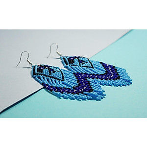 Buybeaded Handmade beaded native american style glass seed bead earrings Pendientes de cuentas nativas al estilo mexicano de artesanos gifts for women (Thunder bird skuyblue)